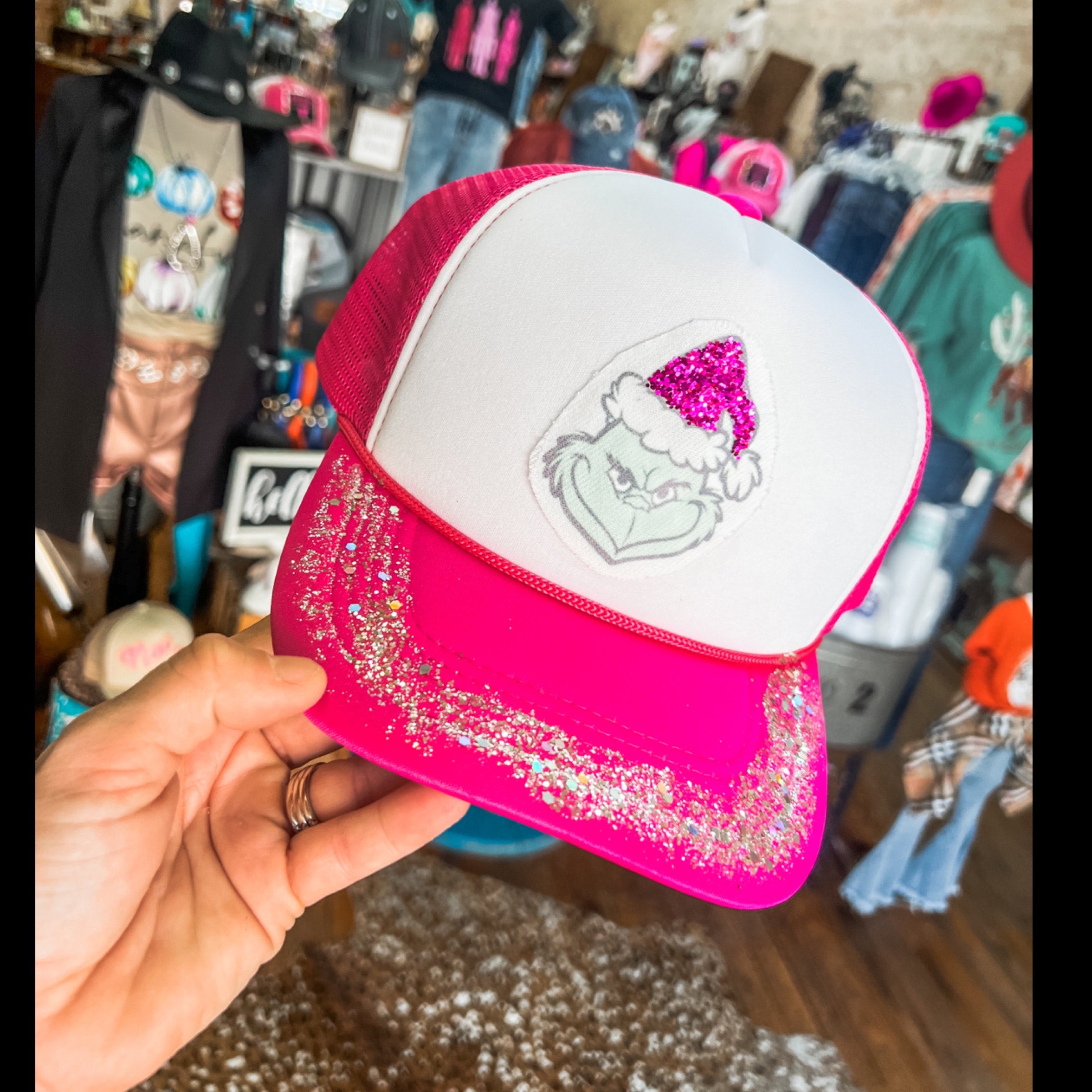 Pink and white grinch trucker cap | Rhinestone Rifles